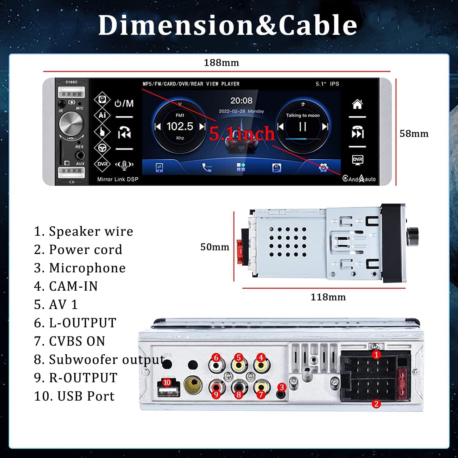 Single Din Car Stereo with Apple Carplay Android Auto, 5.1 Inch Touch Screen MP5 Player with Bluetooth Handsfree/FM/3 USB/TF/AUX-in/Fast Charging + Rear View Camera&Remote Control