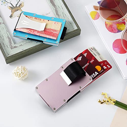 Yeacun Minimalist Women Man Aluminum Metal RFID Blocking Anti-theft Wallet, Pink Pull-out Design Convenient Credit Card Holder