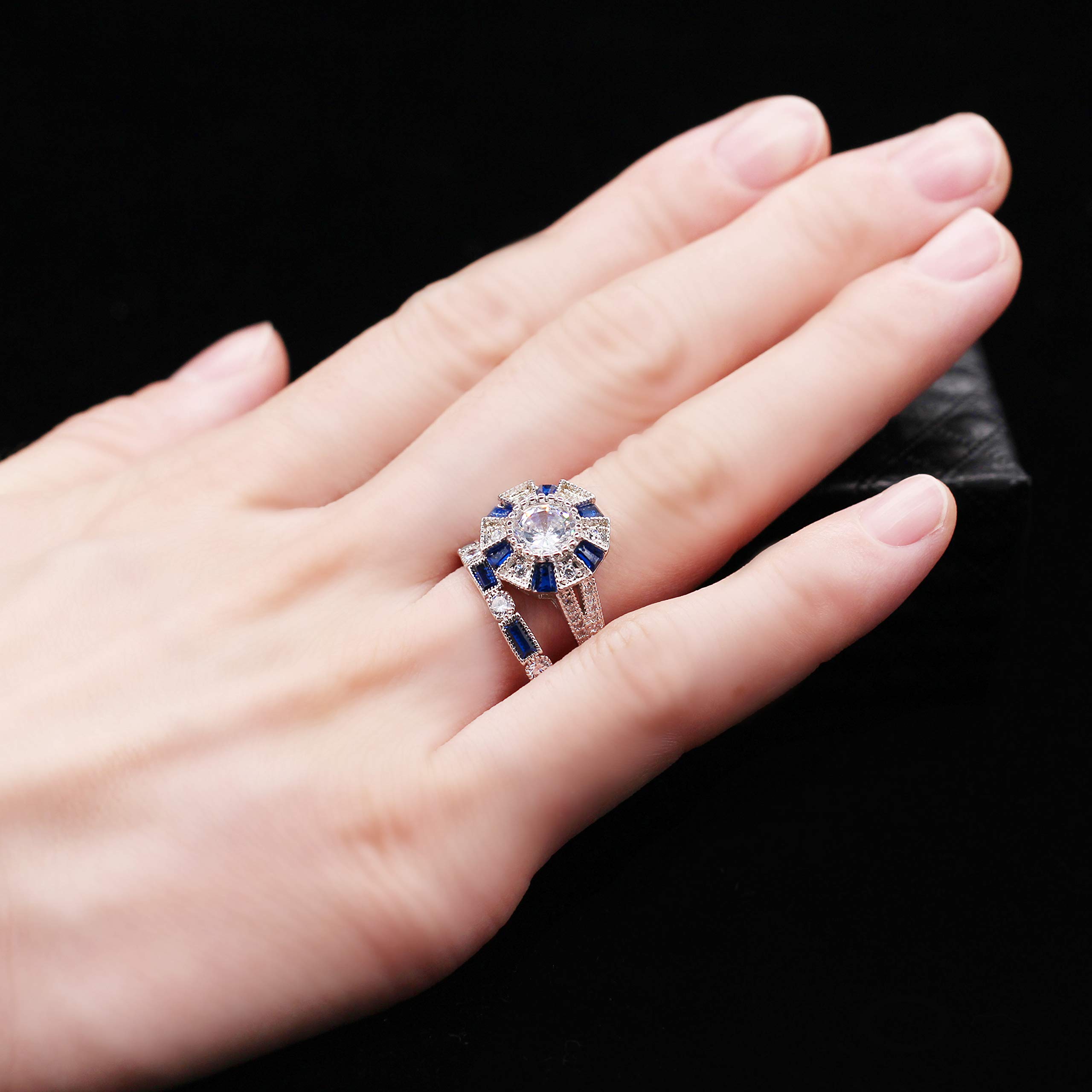 Uloveido Women's Platinum Plated Baguette Cut Blue Cubic Zirconia 2 Pcs Engagement Wedding Band Stacking Rings Set Gift (Size 6) RJ497