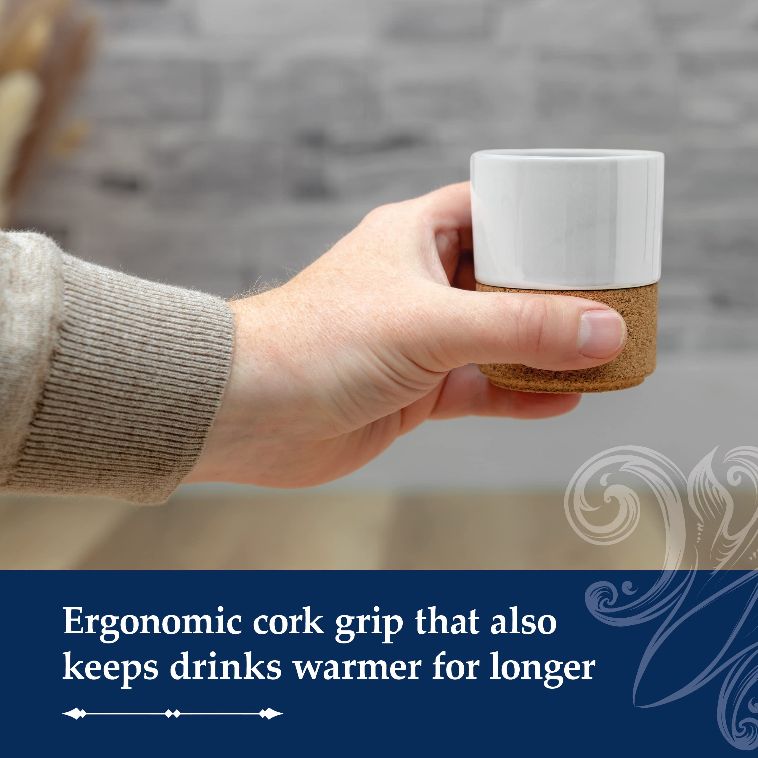 White Double Espresso Cups Set of 4 - Removable Cork Insulating Base Ceramic Coffee Cup Mug 4oz with Removable Cork Sleeve - Stackable - Handleless