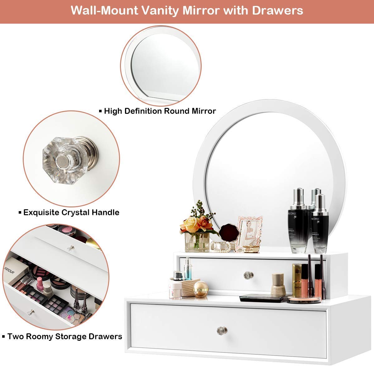 Vanity Mirror, w/ 2 Removable Spacious Drawer, 2 in 1 Vanity Table Top, Space-Saving Wall Mount & Placed on The Table, Dressing Table w/Round Mirror, Ideal for Bedroom, Bathroom &Hallway, White