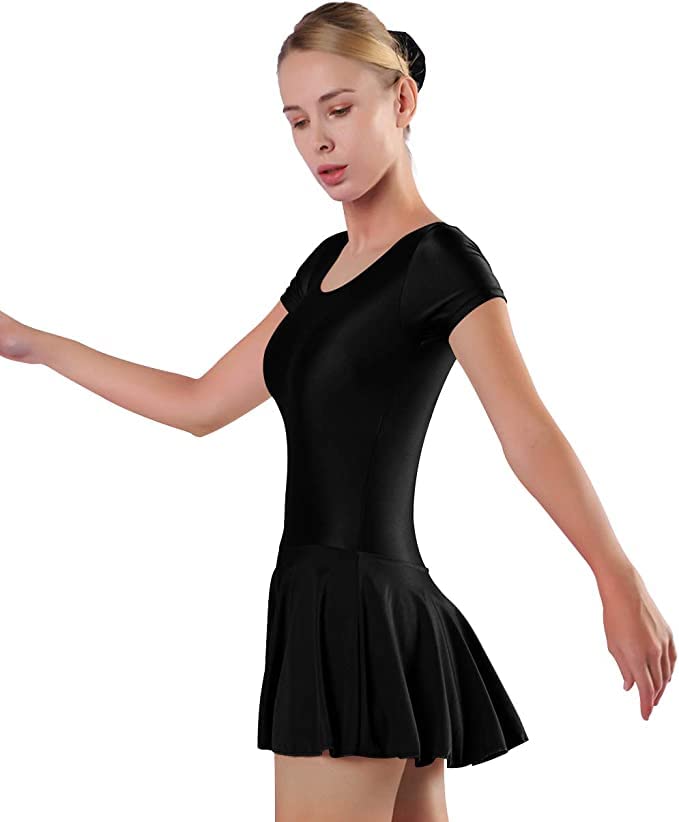 speerise Womens Short Sleeve Skirted Leotard with Built-in Panty, Adult Ballet Dance Scoop Neck Unitard for Gymnastic Performance