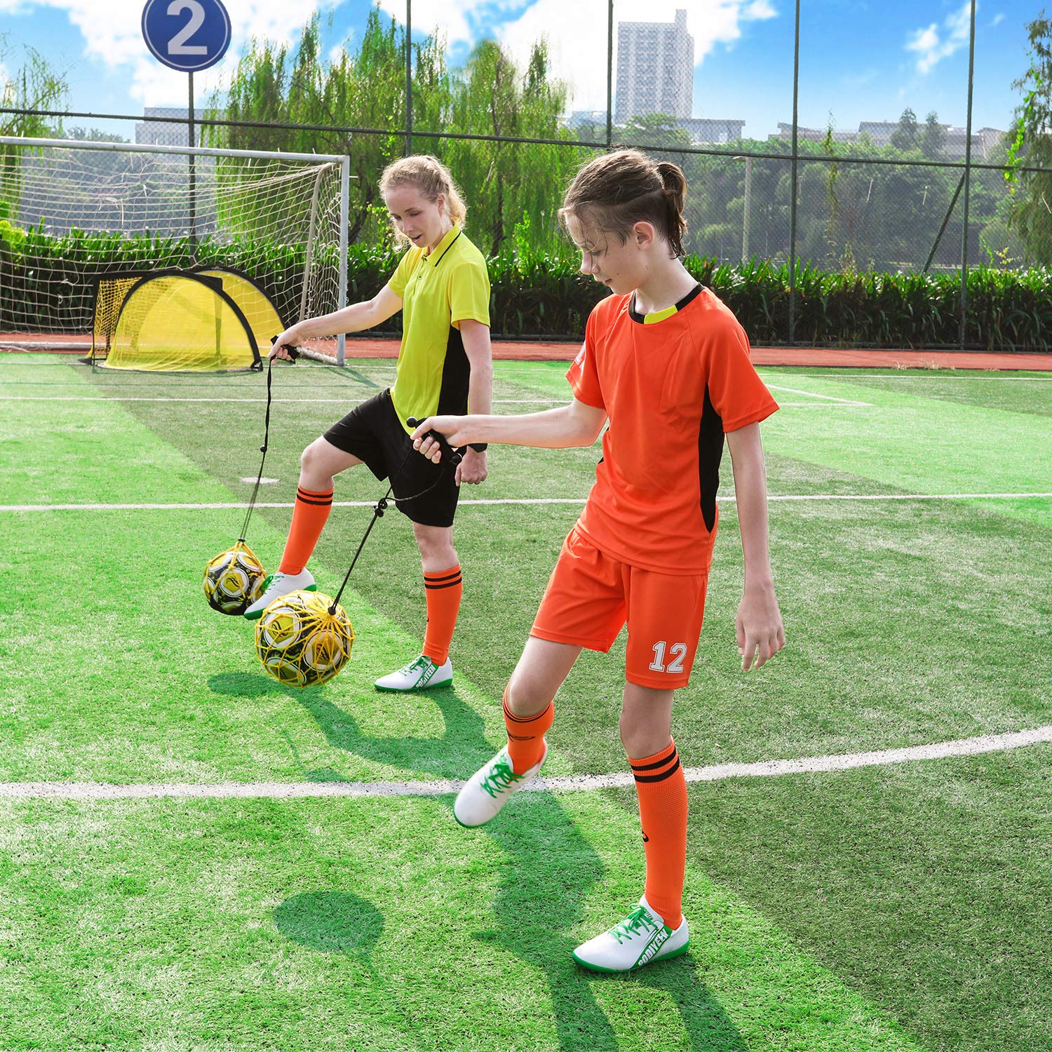 PodiuMax Handle Solo Soccer Kick Trainer with New Ball Locked Net Design, Soccer Ball Bungee Elastic Training Juggling Net (Fits Ball Size 3, 4, 5) (Yellow)