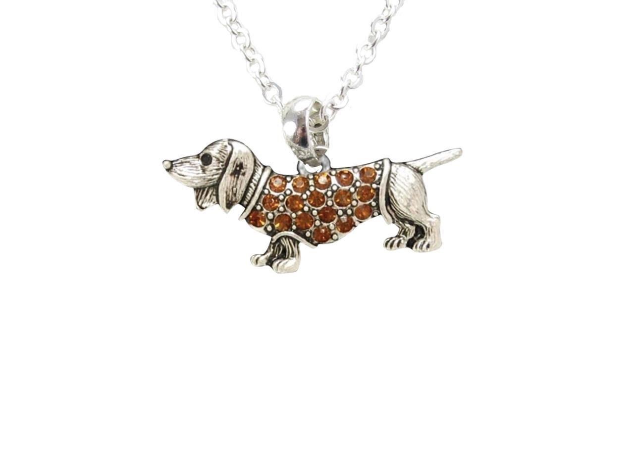 Sports Accessory Store Dachshund Weenie Dog Breed Brown Crystal Charm Silver Chain Necklace Jewelry