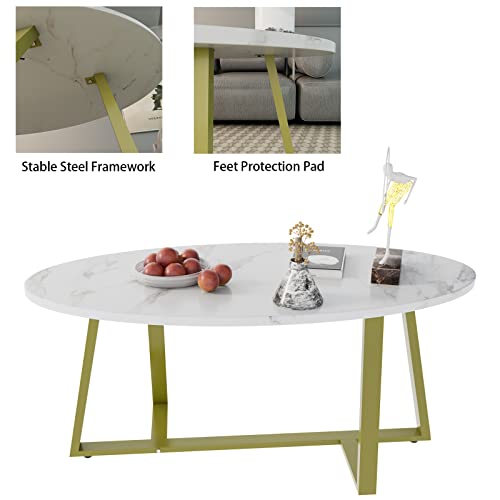 Wolawu Oval Faux Marble Coffee Table - Modern Gold Elliptic Side End Table for Living Room and Kitchen