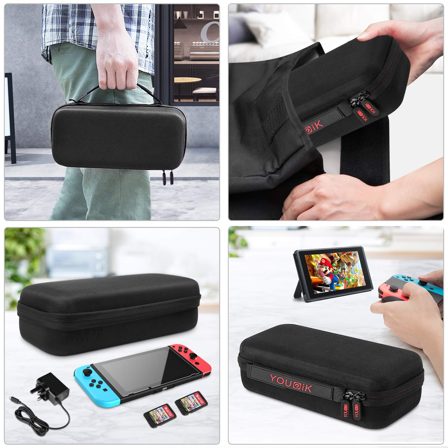 Switch Carrying Case with 2 Pack Screen Protector, Younik Switch Travel Case with Protective Hard Shell for NS Switch Console & Accessories Holds 19 Game Cartridge, Black