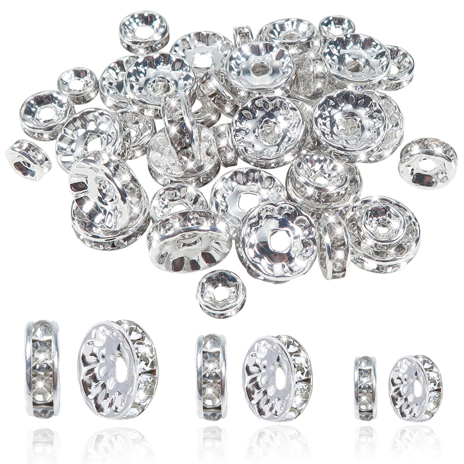 TOAOB 200pcs Rondelle Spacer Beads 6mm 8mm 10mm Round Crystal Czech Loose Spacer Beads Silver Rhinestone Charms Beads with Elastic String for DIY Crafts Jewelry Making Necklace Bracelet