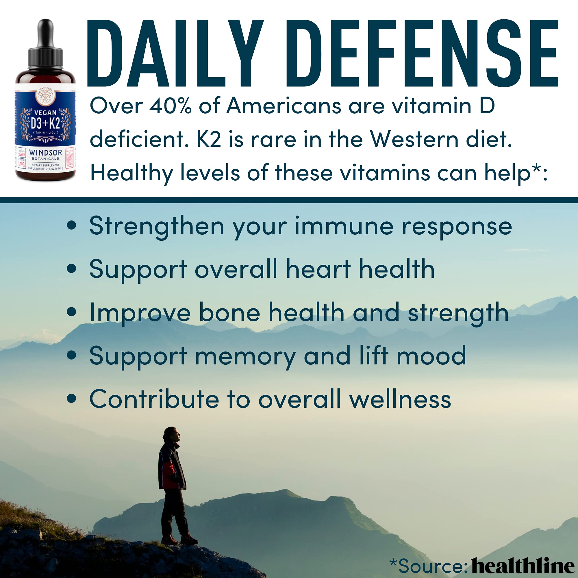 WINDSOR BOTANICALS Vitamin D3 K2 Vegan Liquid - Heart, Immune Function, and Brain Support Supplement - D3 1,000iu, K2 MK-7 25mcg Cruelty-Free Organic Olive Oil Drops - Unflavored - 90 Servings - 2oz