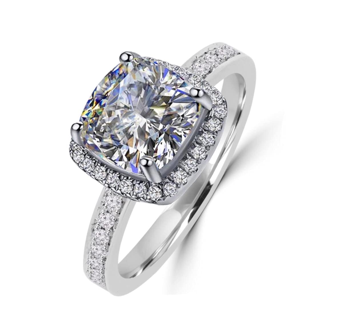 Venetia Top Grade Realistic 2.0 Carats Supreme Princess Cushion Cut NSCD Simulated Diamond Ring 925 Silver Platinum Plated emerald promise wedding (7.5)