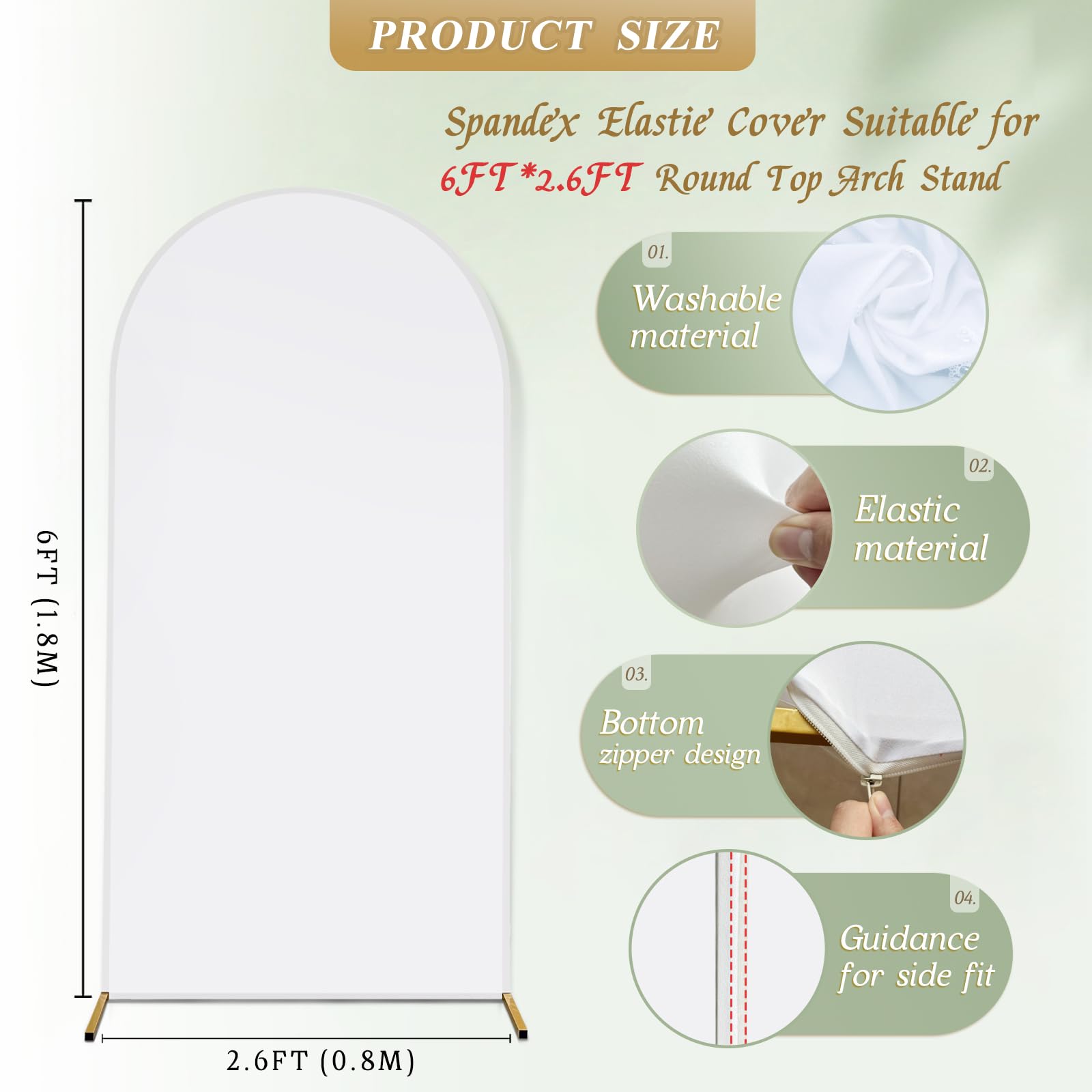 ZpigToor Spandex Fitted Arch Backdrop Cover Chiara Backdrop Cover,2-Sided Wedding Arch Cover for Wedding Ceremony Birthday Party Baby Shower Banquet Decoration (2.6 x 6 ft, White)(Frame Not Included)