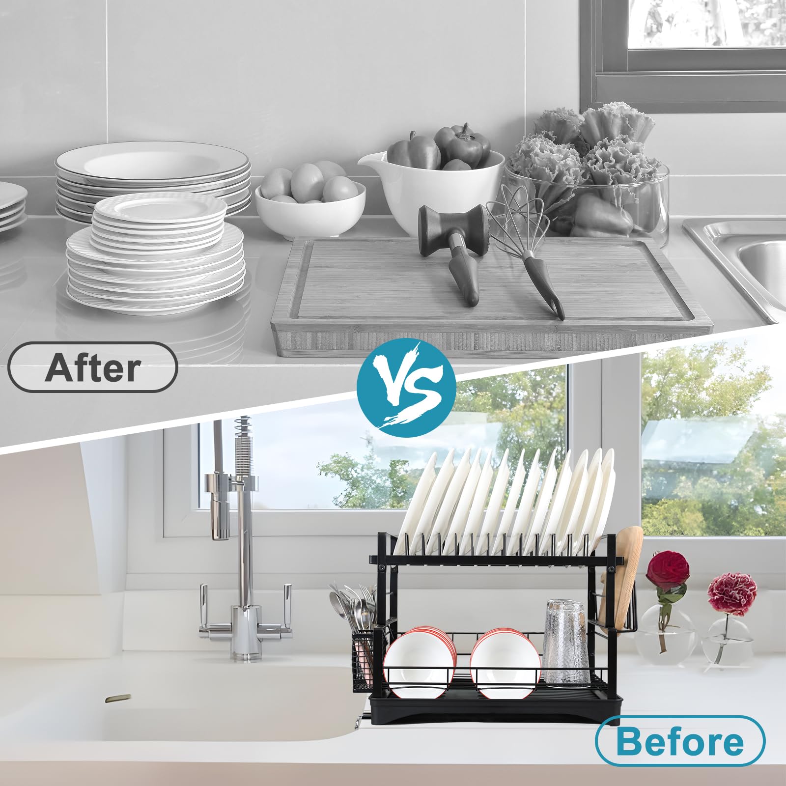 TQVAI Dish Drying Rack, 2 Tier Dish Drainer for Kitchen Counter with Drainboard & Utensils Holder, Over Sink Metal Drainer Drying Rack, Black