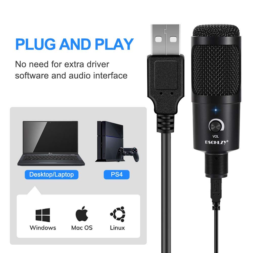 USB Condenser Microphone Bundle Kit,192KHZ/24BIT Professional Cardioid Computer Mic with Adjustable Scissor Arm Stand Shock Mount and Gain Knob for Recording, for Podcasting, Gaming, YouTube (Black)