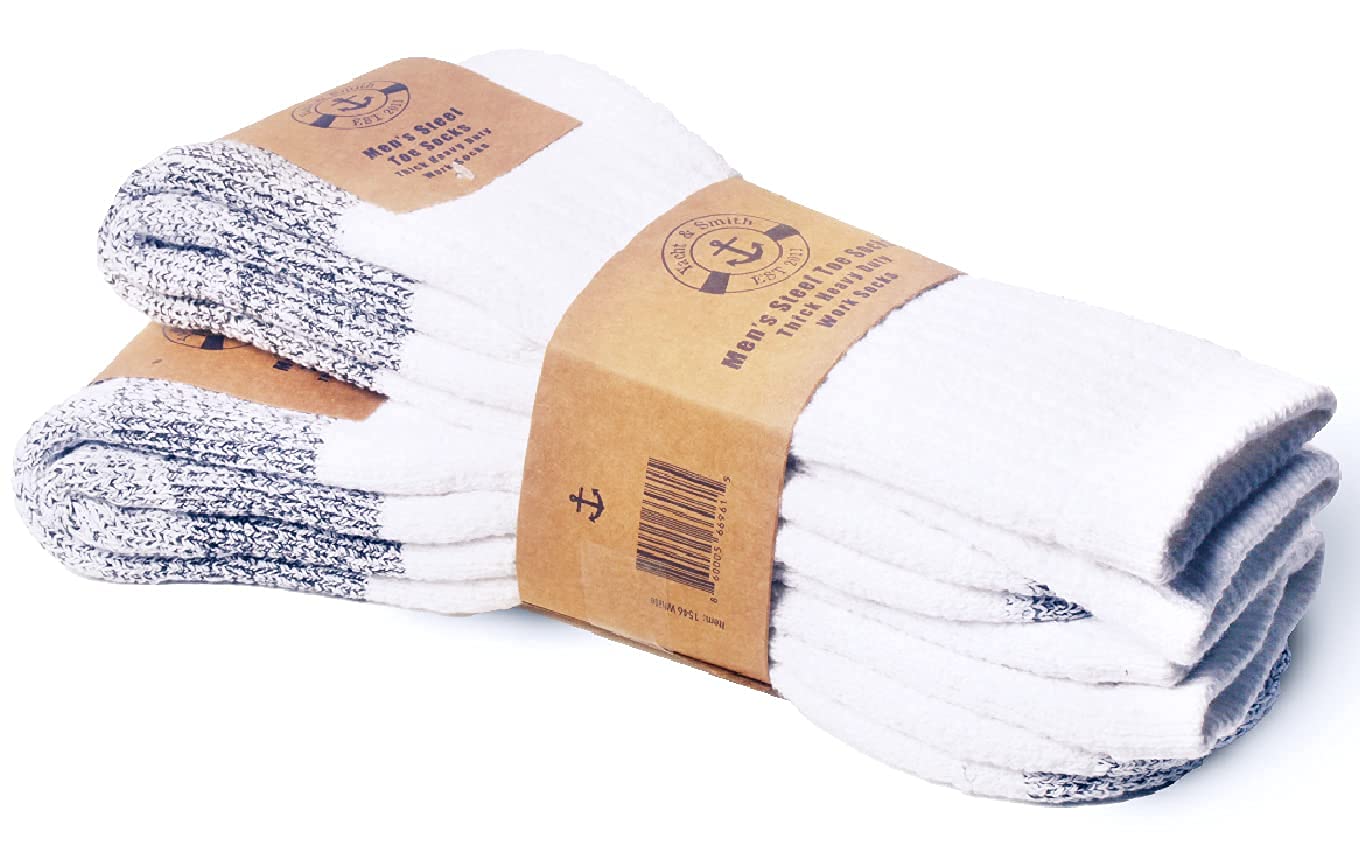 Yacht&Smith Mens Steel Toe Work Socks, Heavy Duty Thick Boot Sock (6 Pack White)