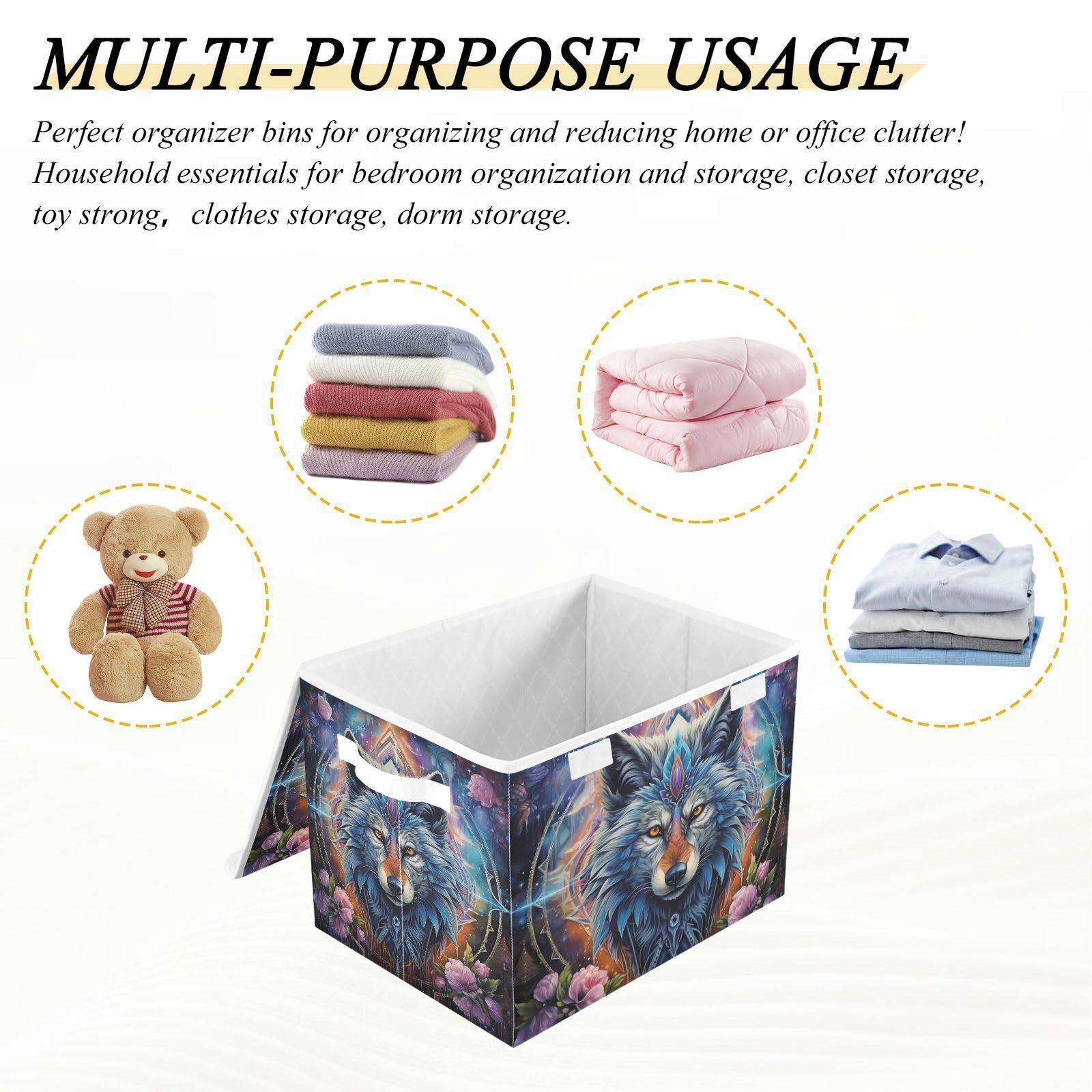 ZRWLUCKY Alchemy Occult Wolf Totem Storage Bins with Lids and Handle Collapsible Decorative Storage Box for Playroom, Office, Kids, Boys, Girls, Adults, Puppies