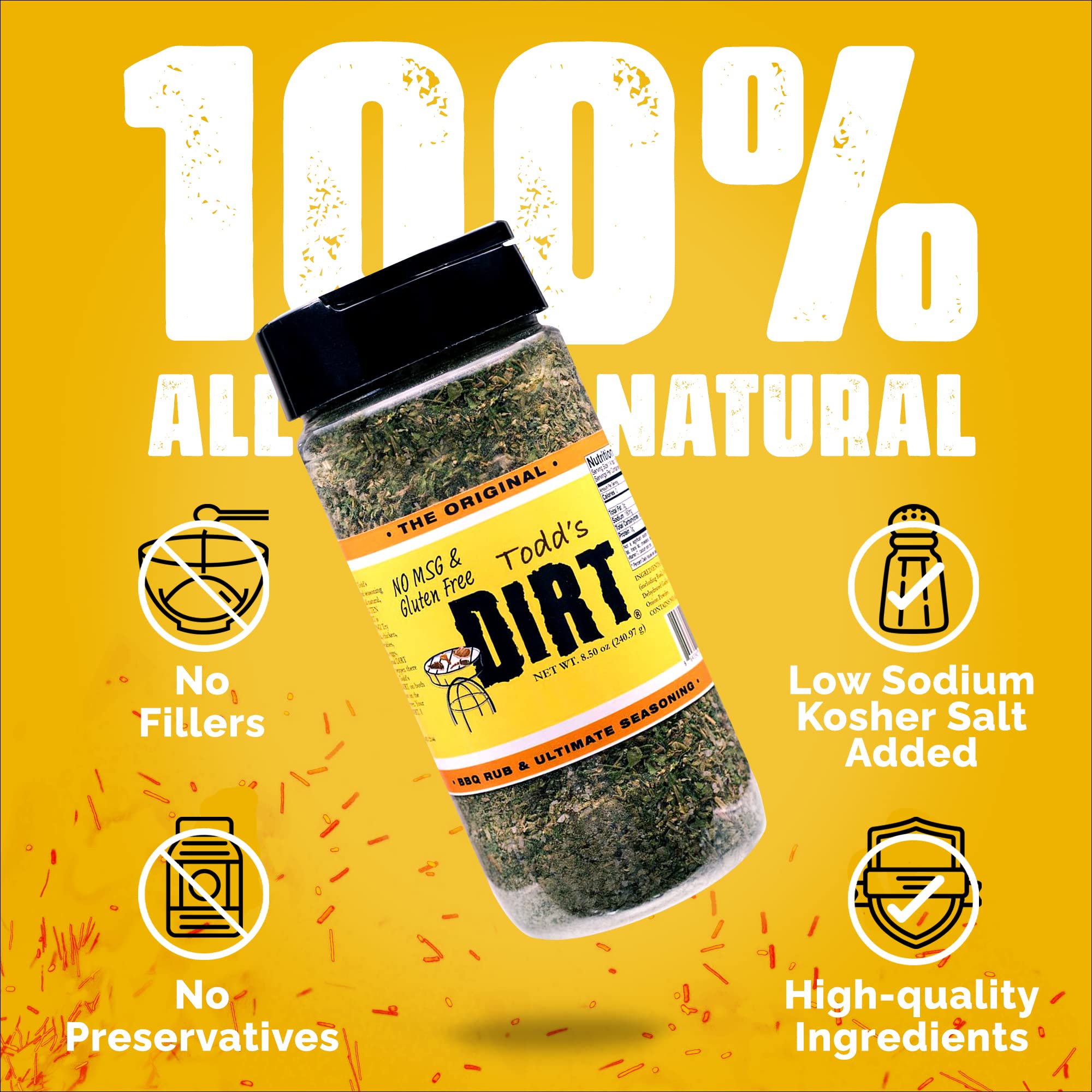 Todd’s DIRT - Original DIRT Large 8.50 oz Bottle, All Purpose Seasoning & BBQ Rub, Gourmet Mild Savory Seasoning/Rub that’s GREAT ON EVERYTHING, 100% All Natural With No MSG & Gluten-Free, 8.50 oz