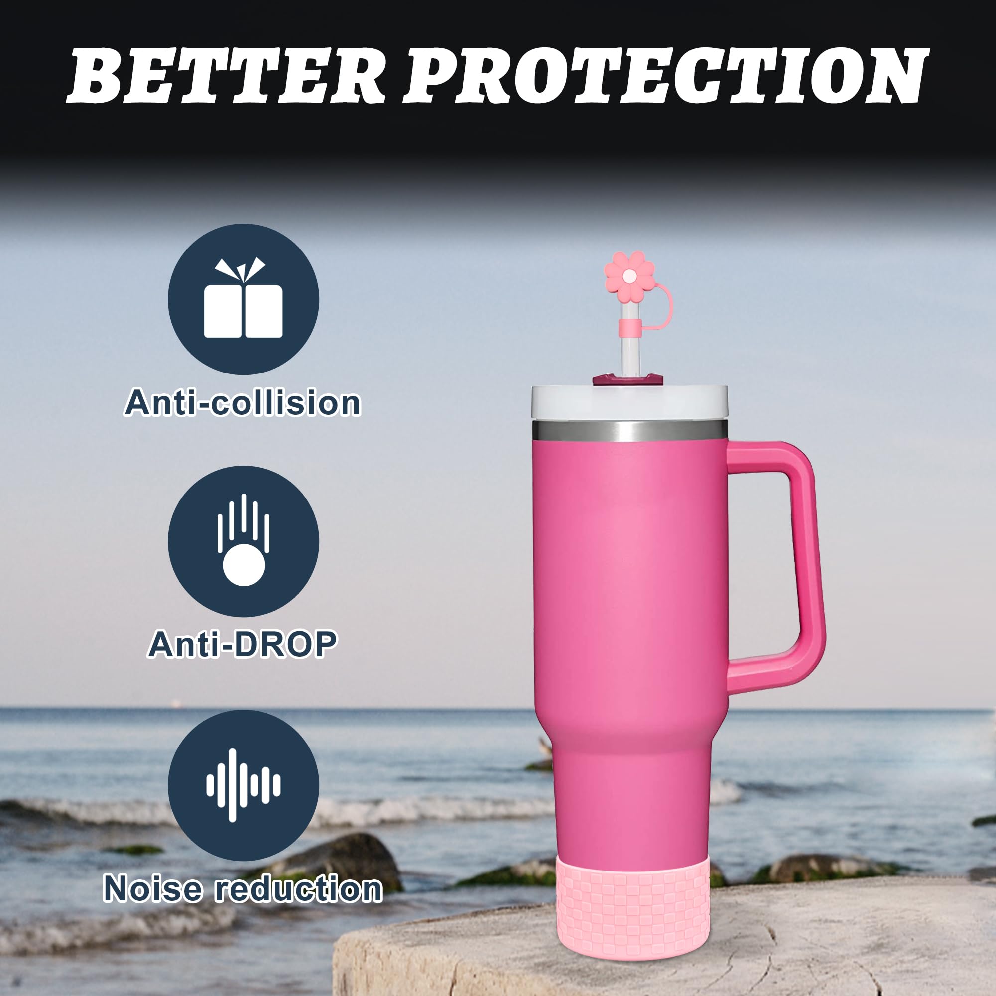 UBEEKOO Tumbler Cup Boot and Straw Covers Cap, Compatible with Stanley Tumbler 30/40oz, Including 1 Protective Silicone Boot and 1 Straw Toppers,Pink White Daisy 10mm