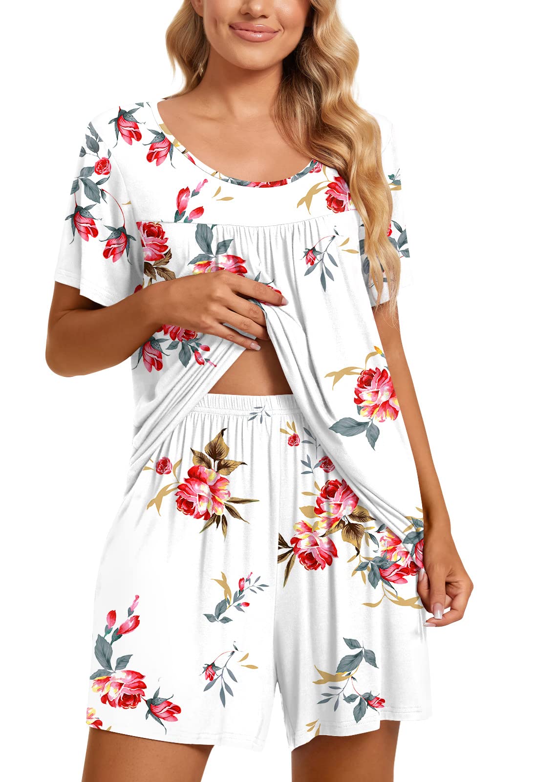 TAOHUADAO Womens Summer 2 Piece Pajama Sets, Short Sleeve Pleated Tunic Tops with Comfy Shorts, Lounge Sleepwear Ladies Pjs Sets with Pockets M, Floral White