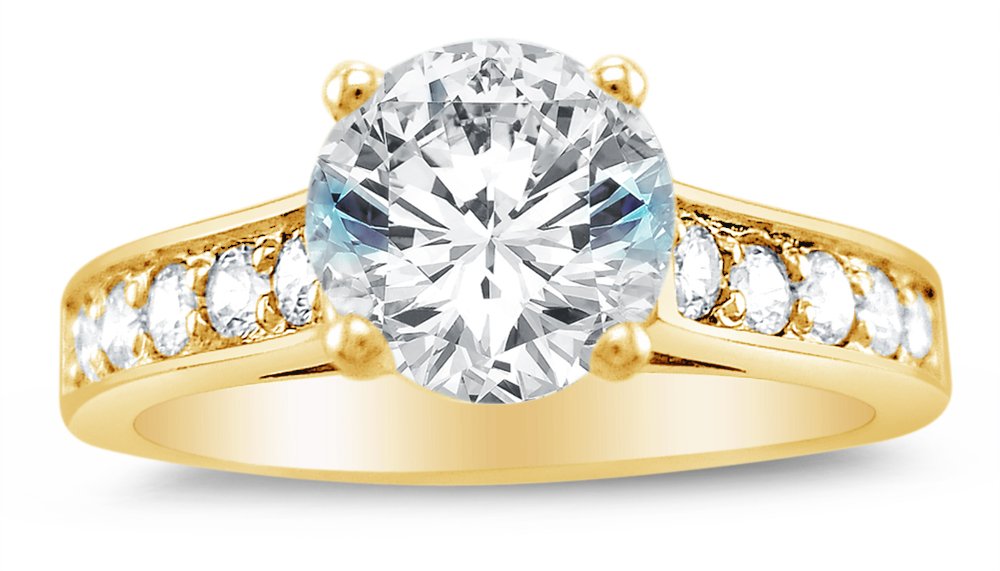 Size 5.5 - Solid 14k Yellow Gold Round Brilliant Cut Solitaire with Round Side Stones CZ Cubic Zirconia Engagement Ring 1.75ct.
