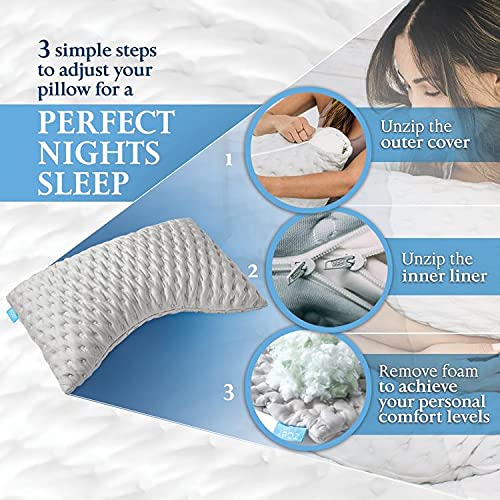Zoey Sleep Side Sleep Pillow for Neck and Shoulder Pain Relief - Adjustable Memory Foam Bed Pillows for Sleeping - Plush Machine Washable Pillow Cover - Queen Size 19" x 29" (Queen, White)