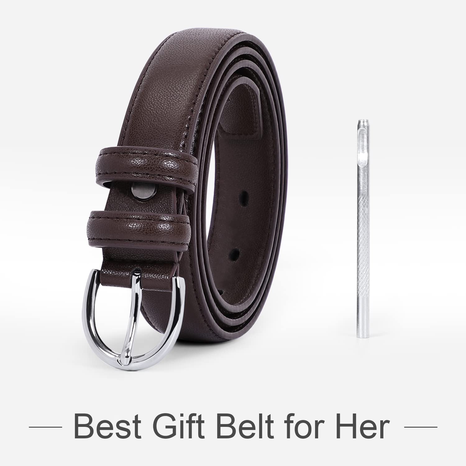 WERFORU Women Leather Belt Skinny Dress Belt for Jeans Pants with Silver Buckle