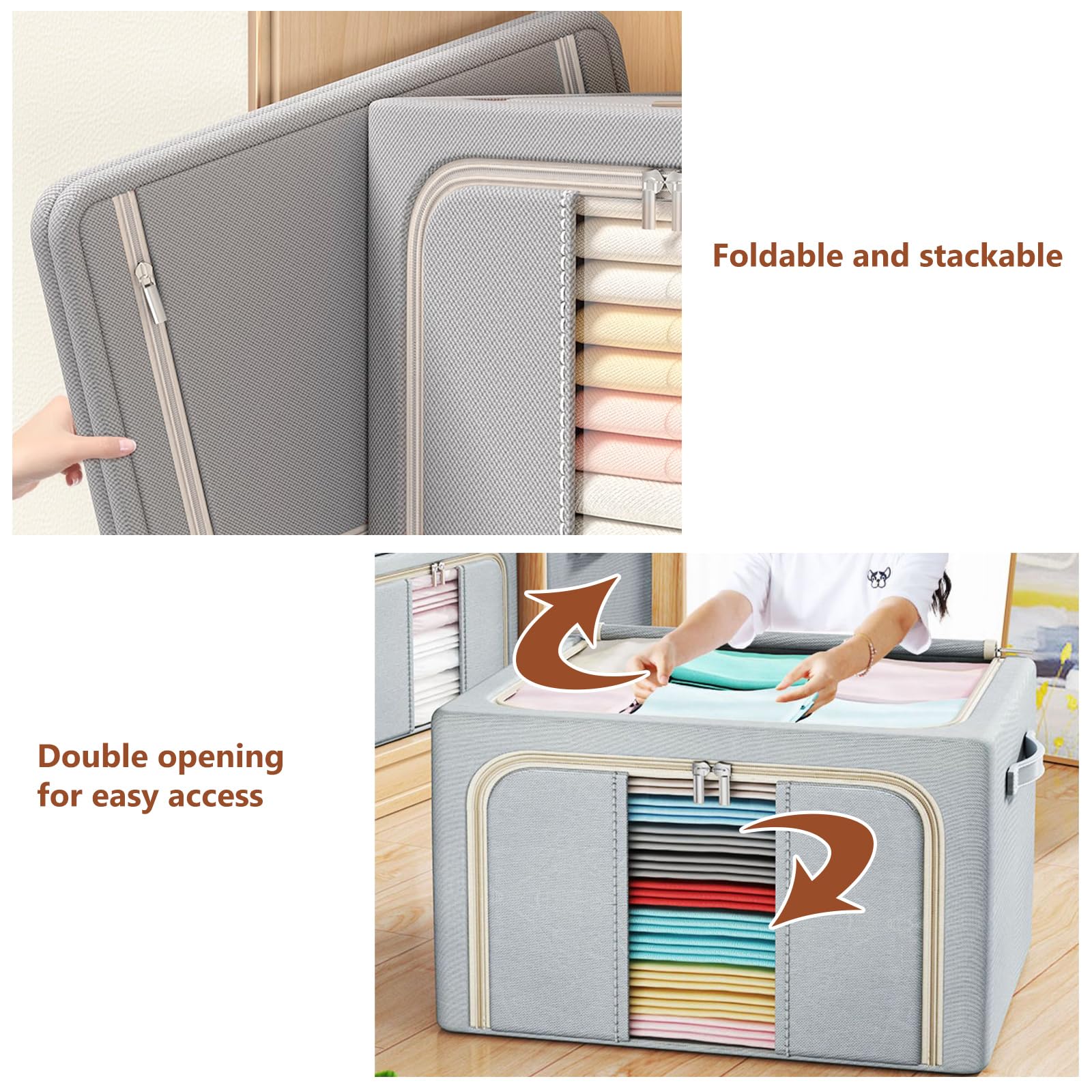 VAN CADENE 24L Clothes Storage Bins Metal Frame Clothes Storage Organizer Bedding Storage Bags with Zipper and Clear Windows, Closet Storage Bins for Organizing(15.7L×11.8W×7.8H - 3 Pack)
