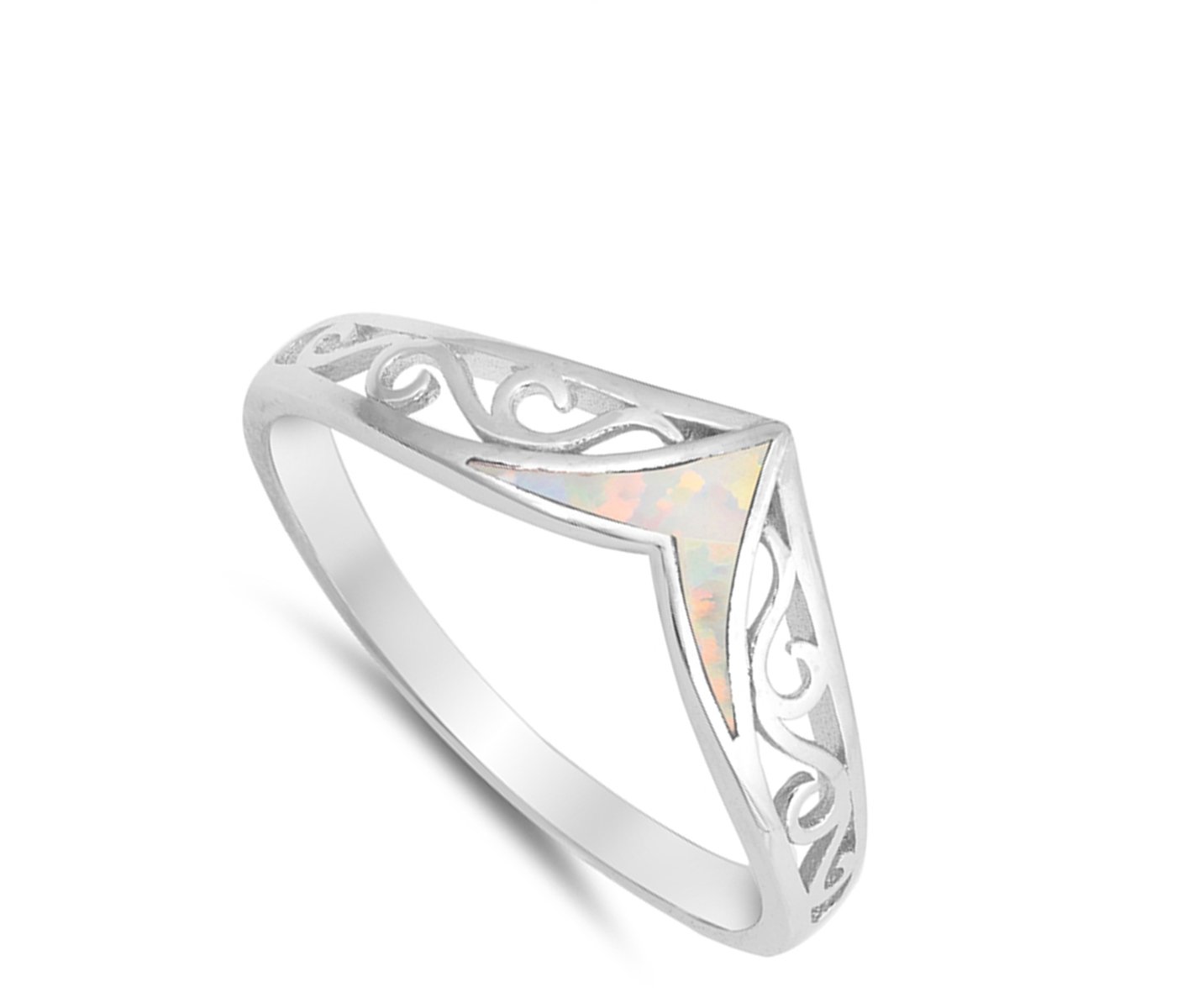 White Simulated Opal Pointed Filigree V Ring New .925 Sterling Silver Band Size 7