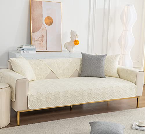 vctops Vintage Embroidered Cotton Sofa Couch Covers Soft Quilted Sectional Couch Cover Non Slip Sofa Slipcover for Dogs, Children, Pets Furniture Protector (Cream,36"x82")