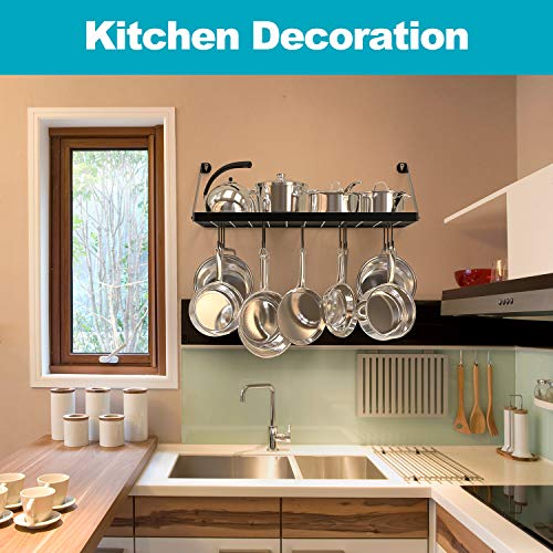Vdomus Hanging Pot Rack, Wall Mounted Pots and Pans Holder 29.3 by 13 Inch | Kitchen Cookware Organizer for Pots and Pans Storage 15 Hooks, Ideal for Pans, Utensils, Cookware in Square Grid | Black