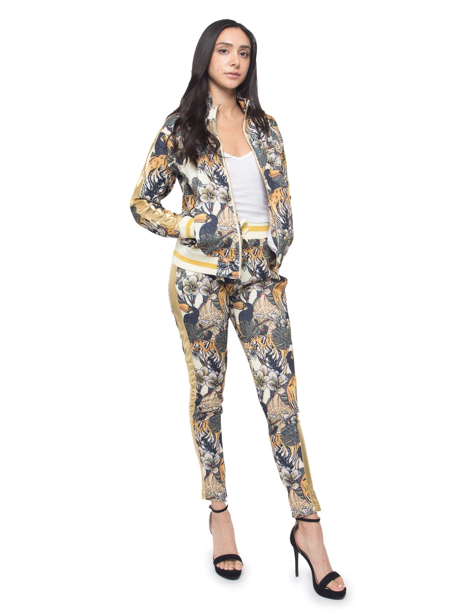 VICTORIOUS Women's Royal Jungle Floral Tiger 2 Piece Tracksuit Set - Long Sleeve Sweatshirts and Sweat Pants VL207 - Off-White - Medium - C8F