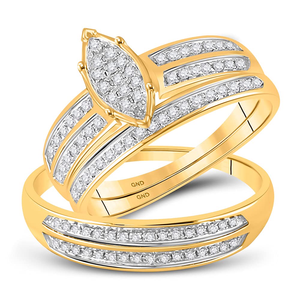 Sizes - L = 7, M = 9.5 - 10K Yellow Two Tone Gold Round Diamond Trio Three Ring Set - Matching His and Hers Engagement Ring & Wedding Bands - Micro Pave Marquise Center Setting Shape (.28 cttw.) - Please use drop down menu to select your desired ring size