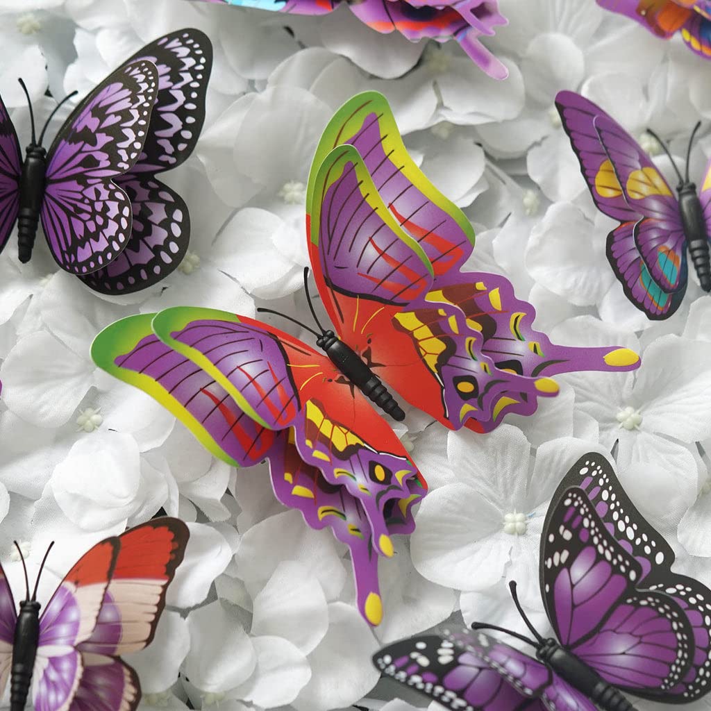 TABLECLOTHSFACTORY 36 Pack 3D Double Wing DIY Butterfly Magnet Wall Decoration Stickers - Purple Collection for Wedding Party Home Decor