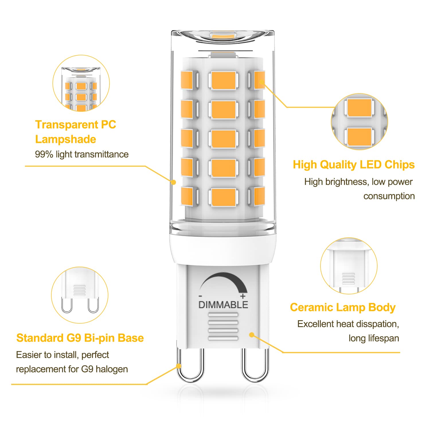 YUIIP G9 LED Bulb Dimmable, 4W, 40W Halogen Equivalent, 3000K Warm White, AC 120V G9 Bi Pin Base Light Bulbs, 380LM, No Flicker, 360° Beam Angle, Pack of 6
