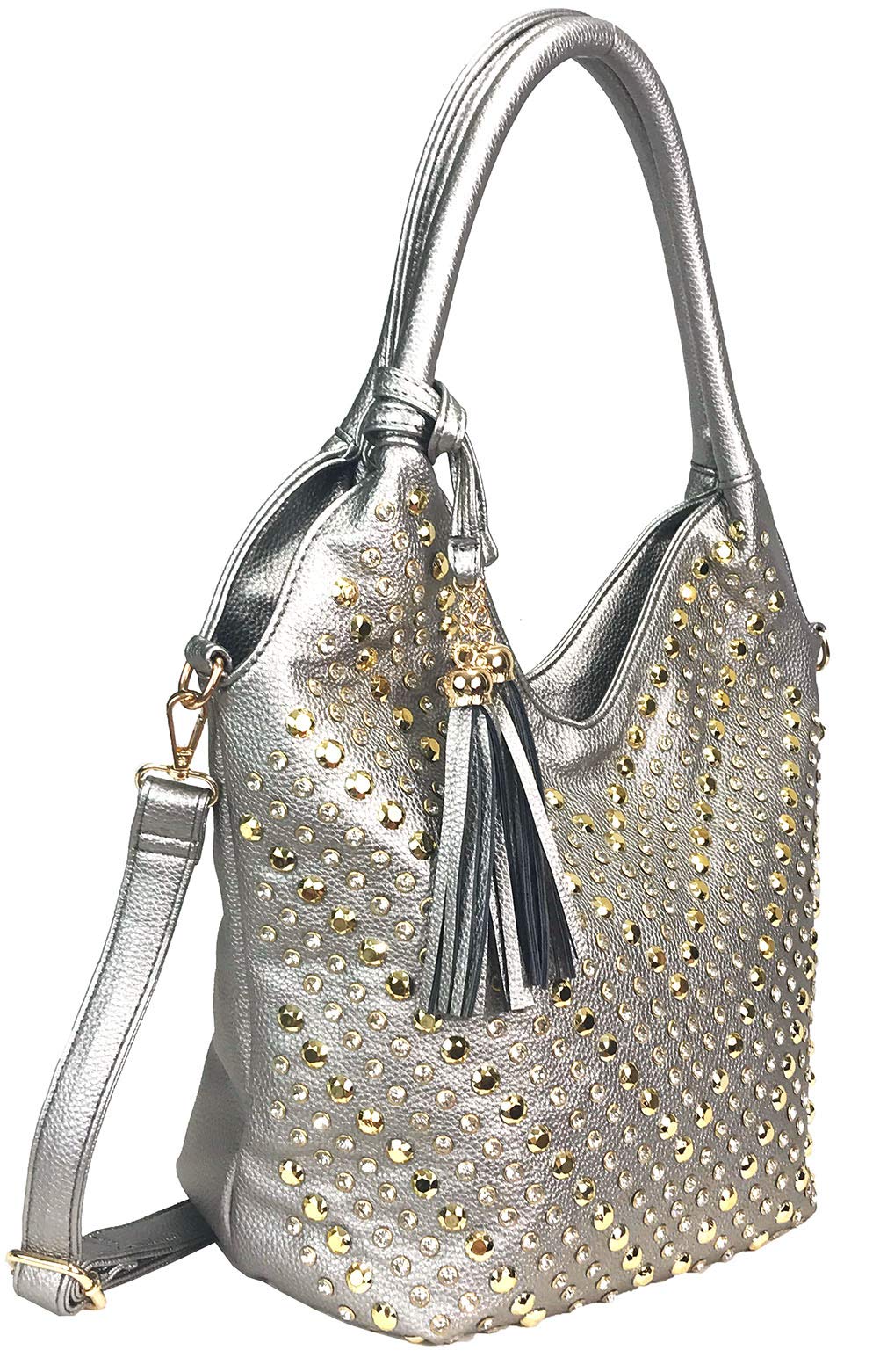 Zzfab Gem Studded V Chevron Tall Hobo Sparkle Purse (Pewter)