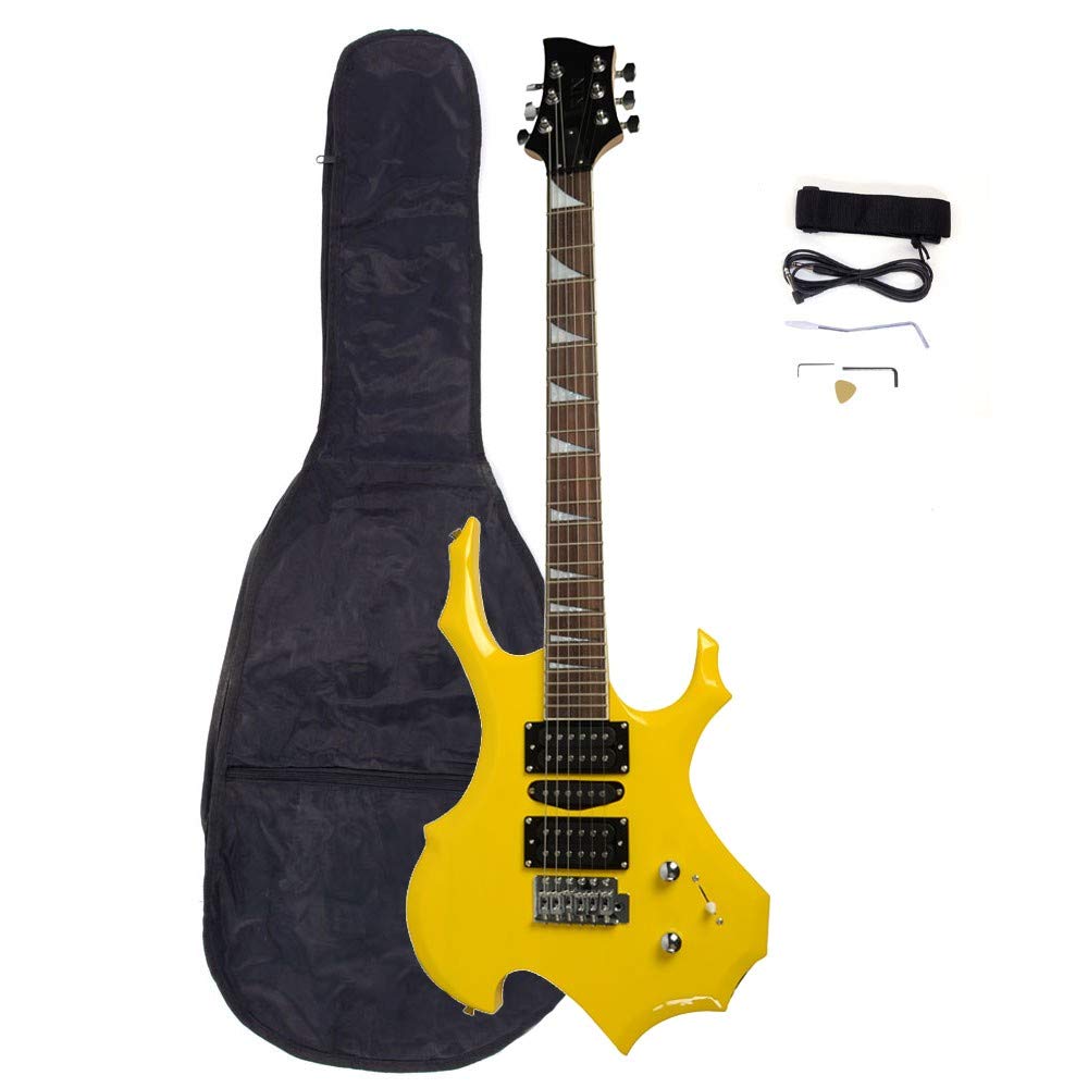 Waful Novice Flame Shaped Electric Guitar HSH Pickup Bag Strap Paddle Rocker Cable Wrench Tool Yellow