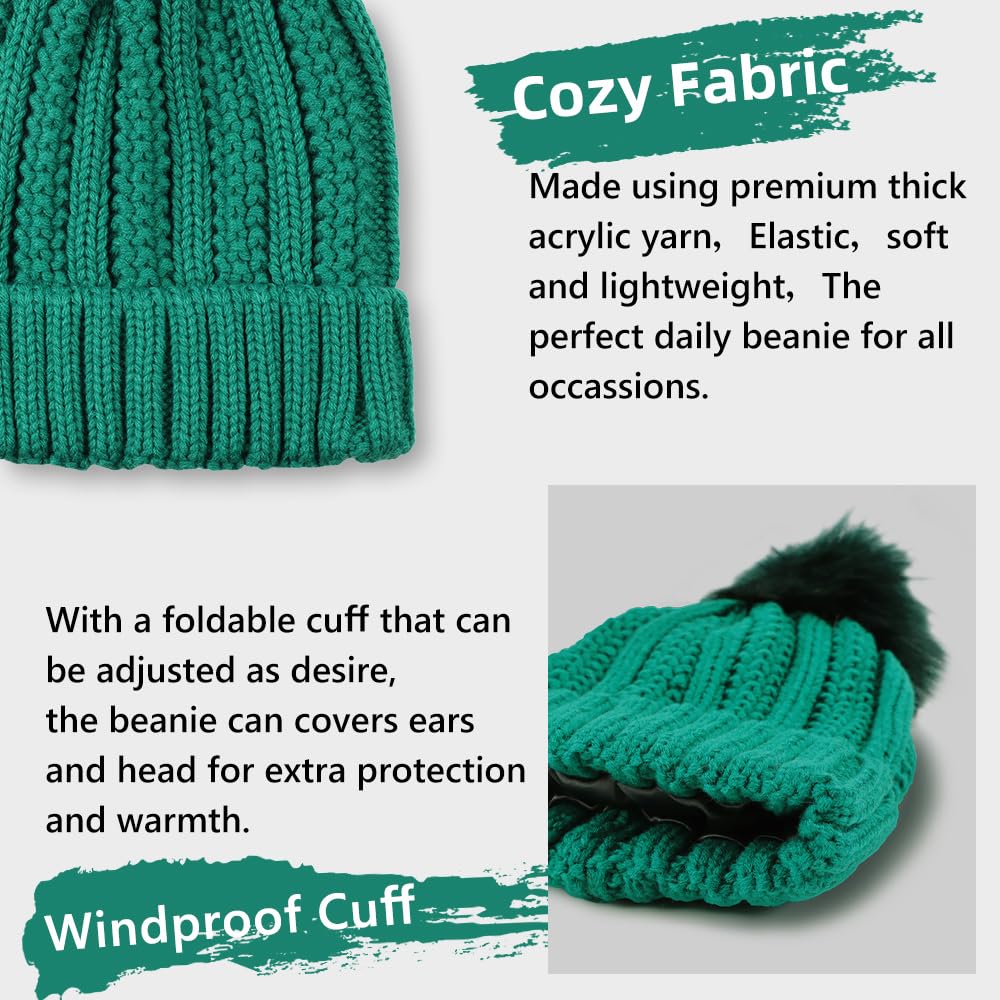 Yuoahcn Women Winter Beanie Hat Satin Lined Winter Hat with Pompom Thick Cuffed Warm Snow Knit Skull Cap (Green)