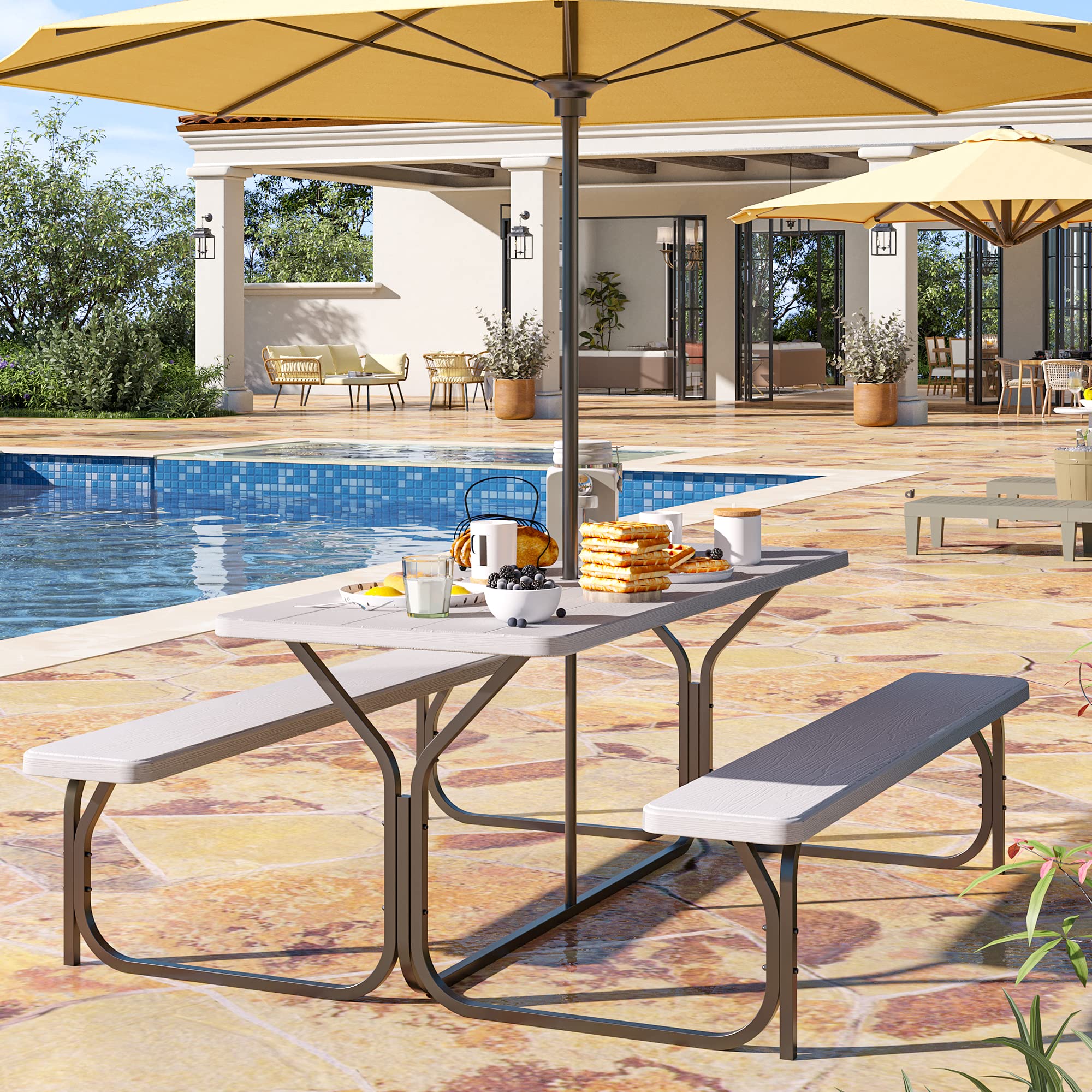 YITAHOME Picnic Table 6ft Heavy Duty Outdoor Picnic Table and Bench Resin Tabletop & Stable Steel Frame w/Umbrella Hole for Yard Patio Lawn Party Light Gray