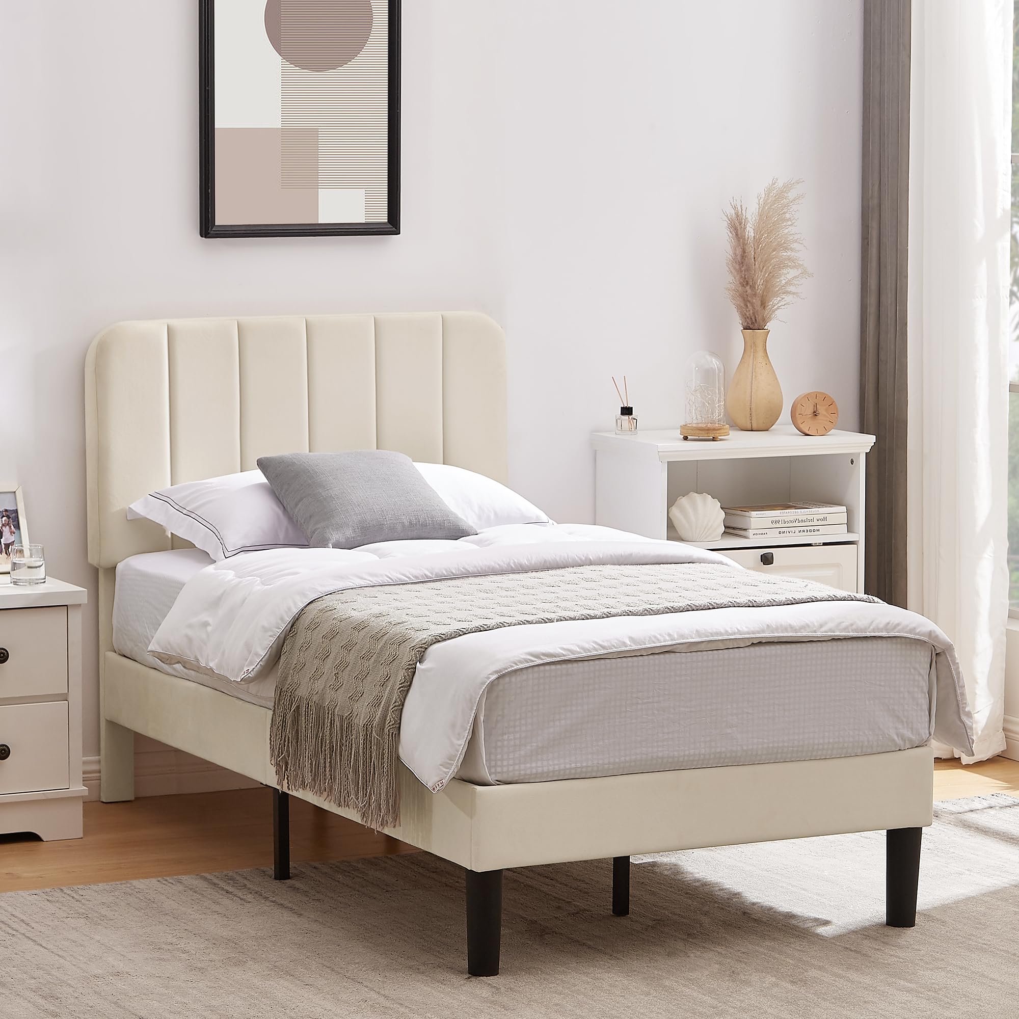 VECELO Twin Size Upholstered Bed Frame with Adjustable Headboard, Velvet Platform Bedframe Mattress Foundation, Strong Wood Slat Support, No Box Spring Needed, Beige