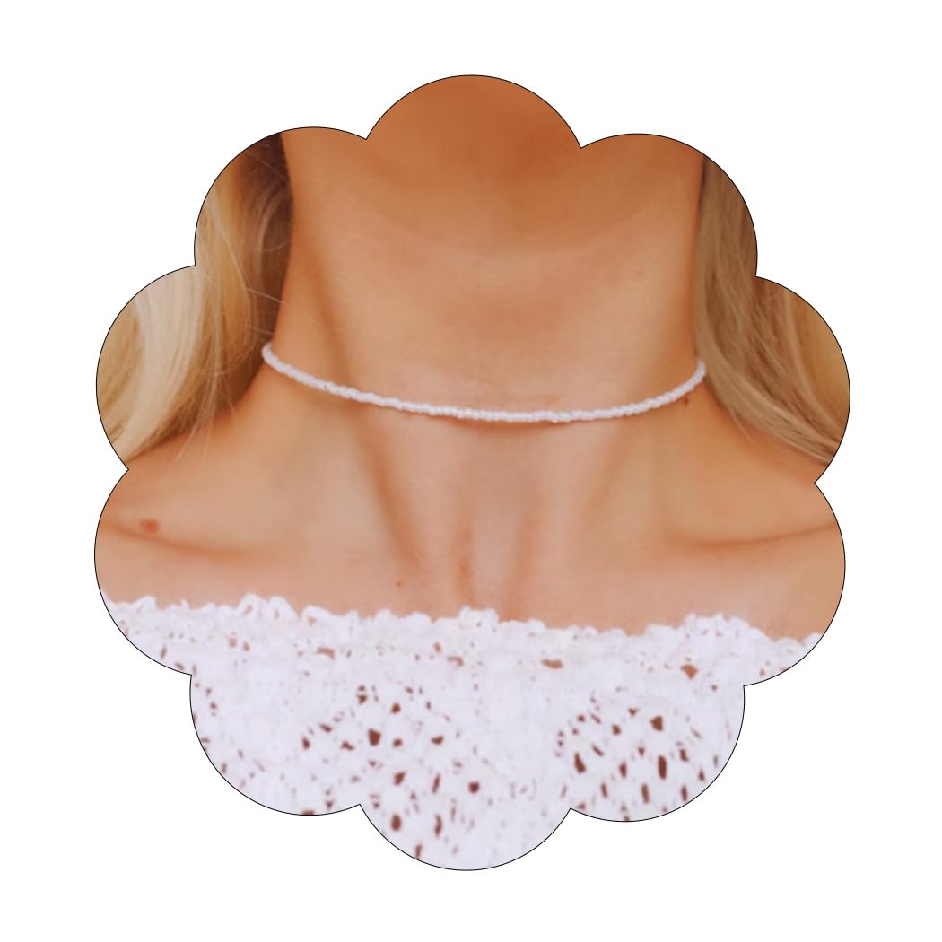 Yalice Boho Choker Necklace Chain Rice Beaded Necklaces Summer Surfer Costume Neck Accessories for Women (White)