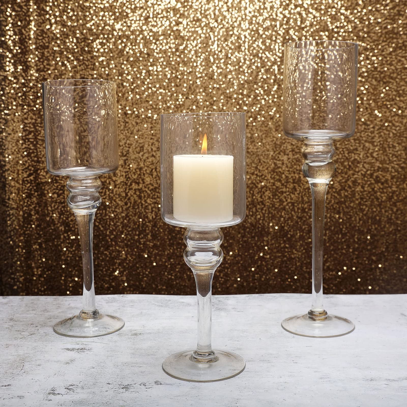Tableclothsfactory Set of 3 Clear Long Stem Glass Cylinder Flower Vase Tabletop Candle Holders