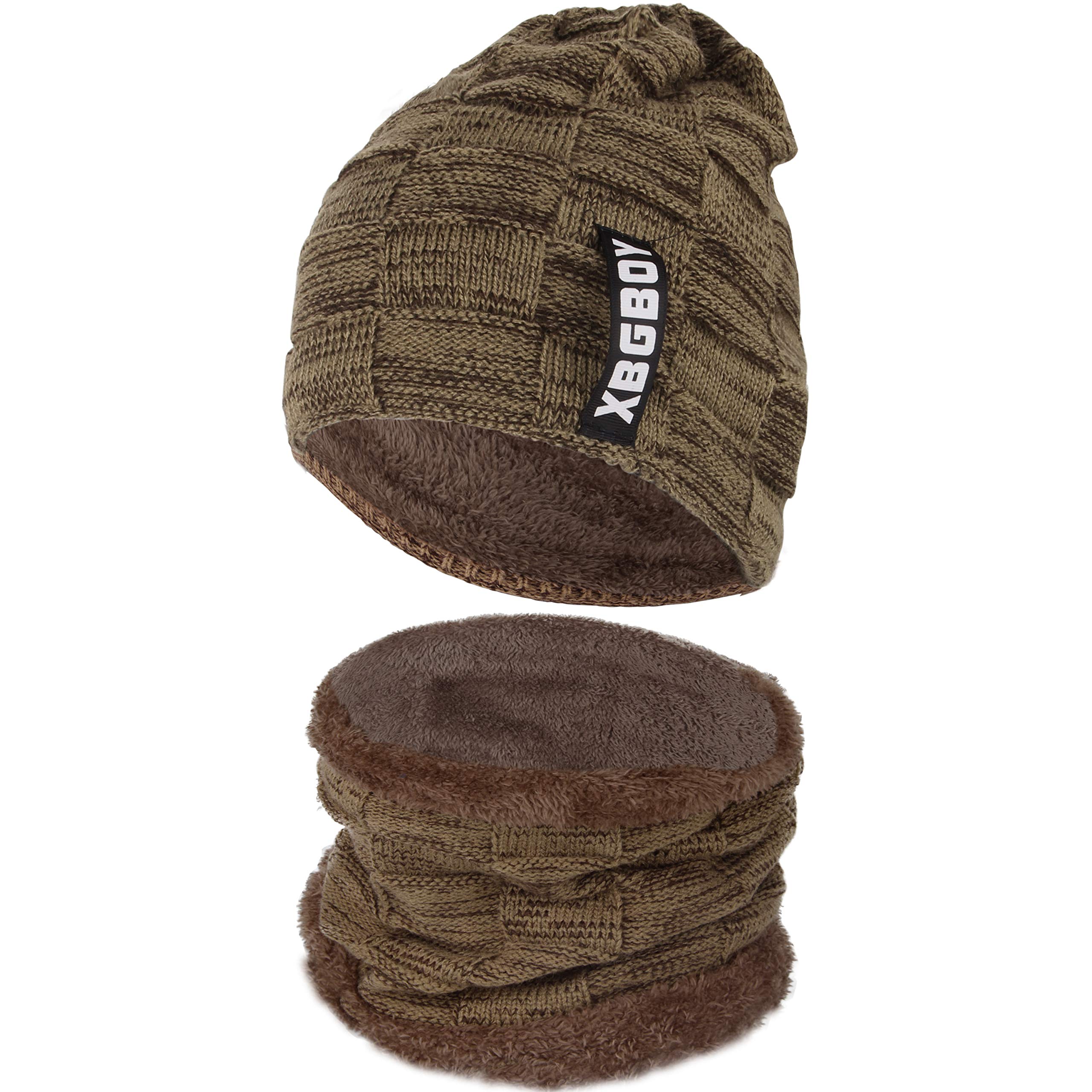 Winter Beanie Hat Scarf Set for Men Women, Warm Fleece Lined Knit Hat Skull Cap Thick Neck Warmer Winter Gift Set Khaki