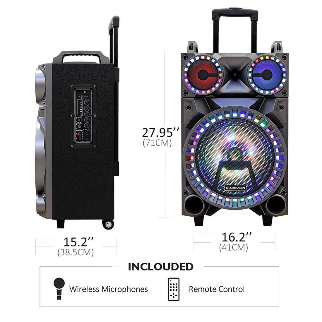 Starqueen Karaoke Machine Portable Karaoke Speaker for Adults and Kids 12” Woofer Rechargeable PA System with 2 Wireless Micorphone/Remote/Wheels/DJ Lights, Karaoke Party Amplifier Sound System