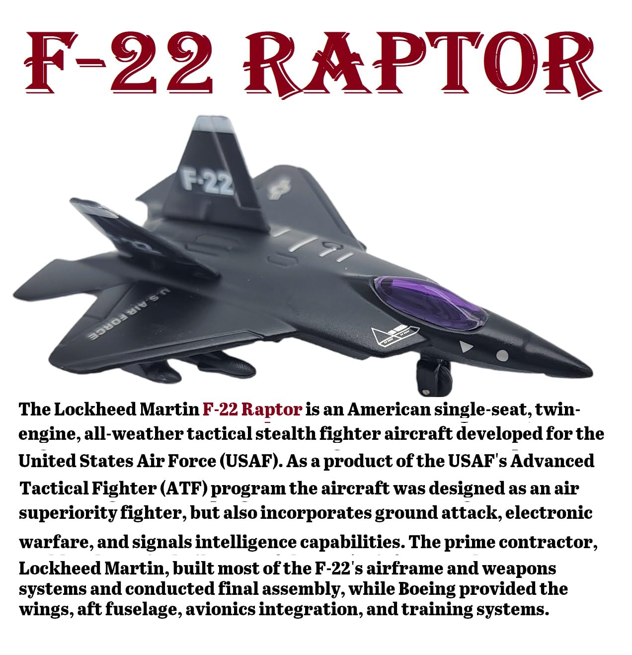 Zugar Land Die-Cast Pullback Stealth Bomber Models (4.25"-5.25") SR-71 Blackbird, F-22 Raptor, F-117 Nighthawk, B2 Bomber (F-22 Raptor)