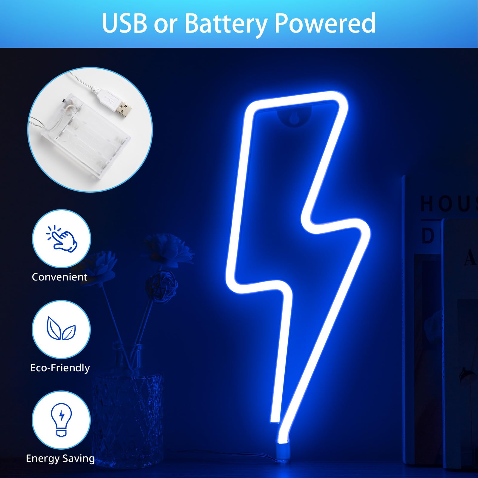 XIYUNTE Neon Sign Lightning Bolt Neon Light Sign for Wall Decor, USB or Battery Powered Blue Led Lightning Bolt Neon Signs for Bedroom, Kids Room, Living Room, Bar, Party, Christmas, Wedding