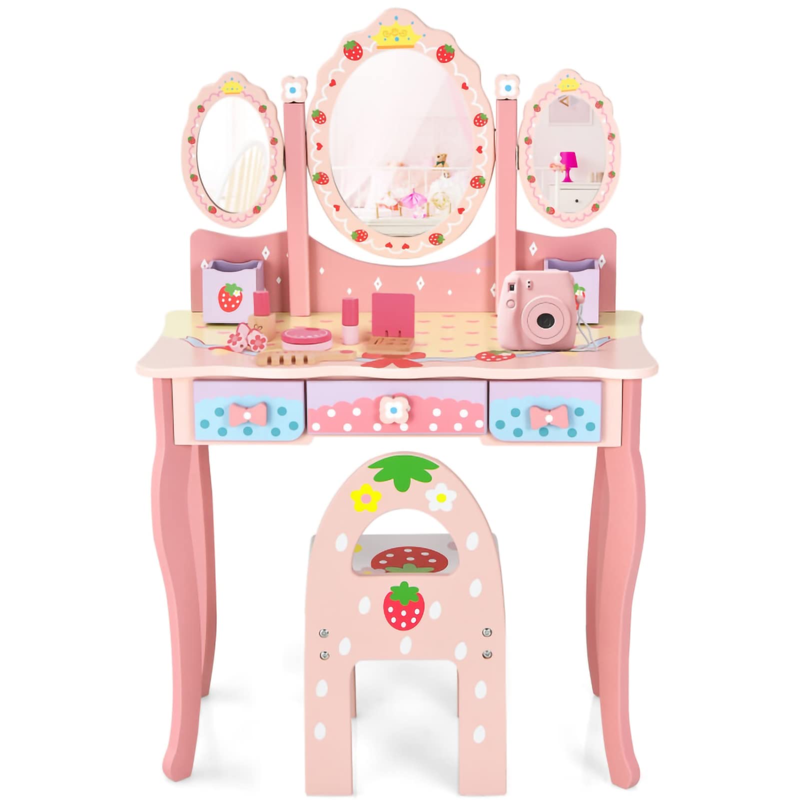 TUOCHUFUN Kids Vanity Princess Makeup Dressing Table Chair Set with Tri-fold Mirror (Pink)