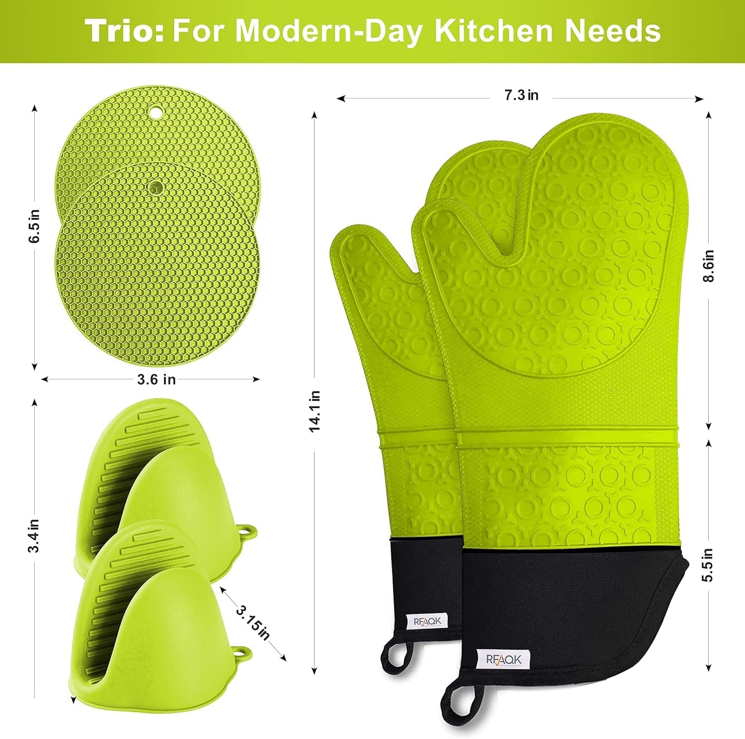 RFAQK Oven Mitts and Pot Holders Sets- Extra Long Silicone Oven Mitts, Oven Mitts Heat Resistant with Quilted Soft Liner and Mini Oven Mittens Sets for Kitchen, Baking, Grill and BBQ-Green (Pack of 6)