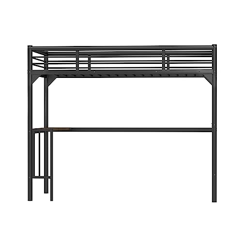 Voohek Twin Size Metal Loft Bed with Desk, Ladder and Guardrails, Bunk Bed Frame for Bedroom, Anti Wobbly Design, Large Weight Capacity, Black