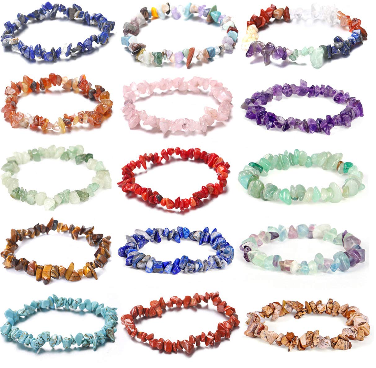 WAINIS 15 Pcs Natural Gemstone Chakra Crystal Bracelets for Women Stretch Chips Reiki Bracelets Set Adjustable