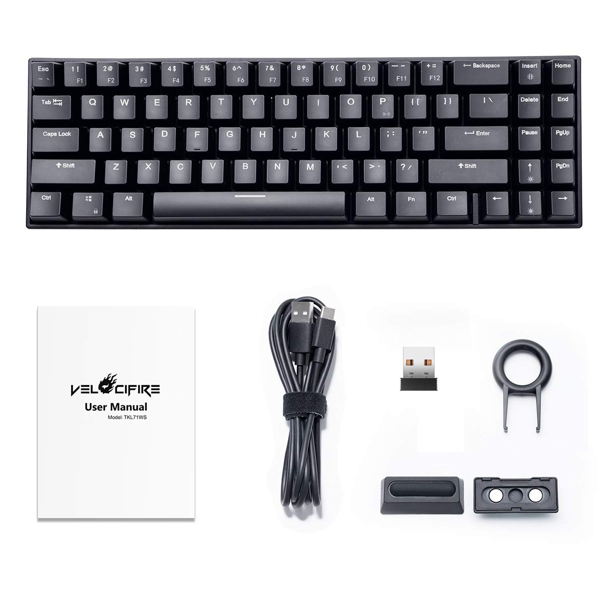 VELOCIFIRE Wireless Mechanical Keyboard, TKL71WS 71-Key Tenkeyless Brown Switches Compact Gaming Keyboard with Ice Blue Backlit for Copywriters, Typists, and Programmers