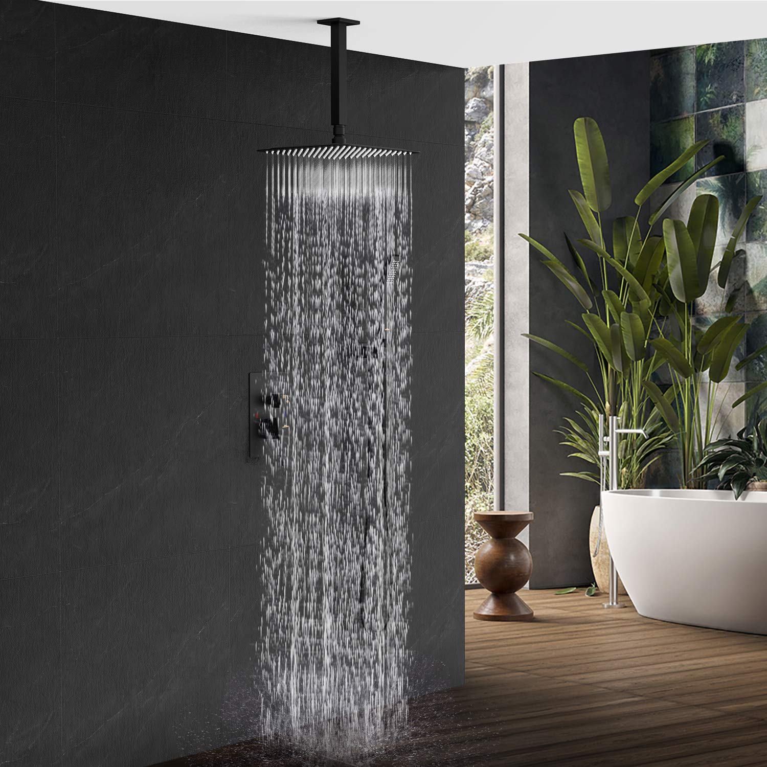 SunCleanse Rainfall shower faucet set Matte Black Shower Combo Set for Bathroom with High Pressure 10 inch shower head with handheld shower valves shower head and handheld Ceiling Mounted