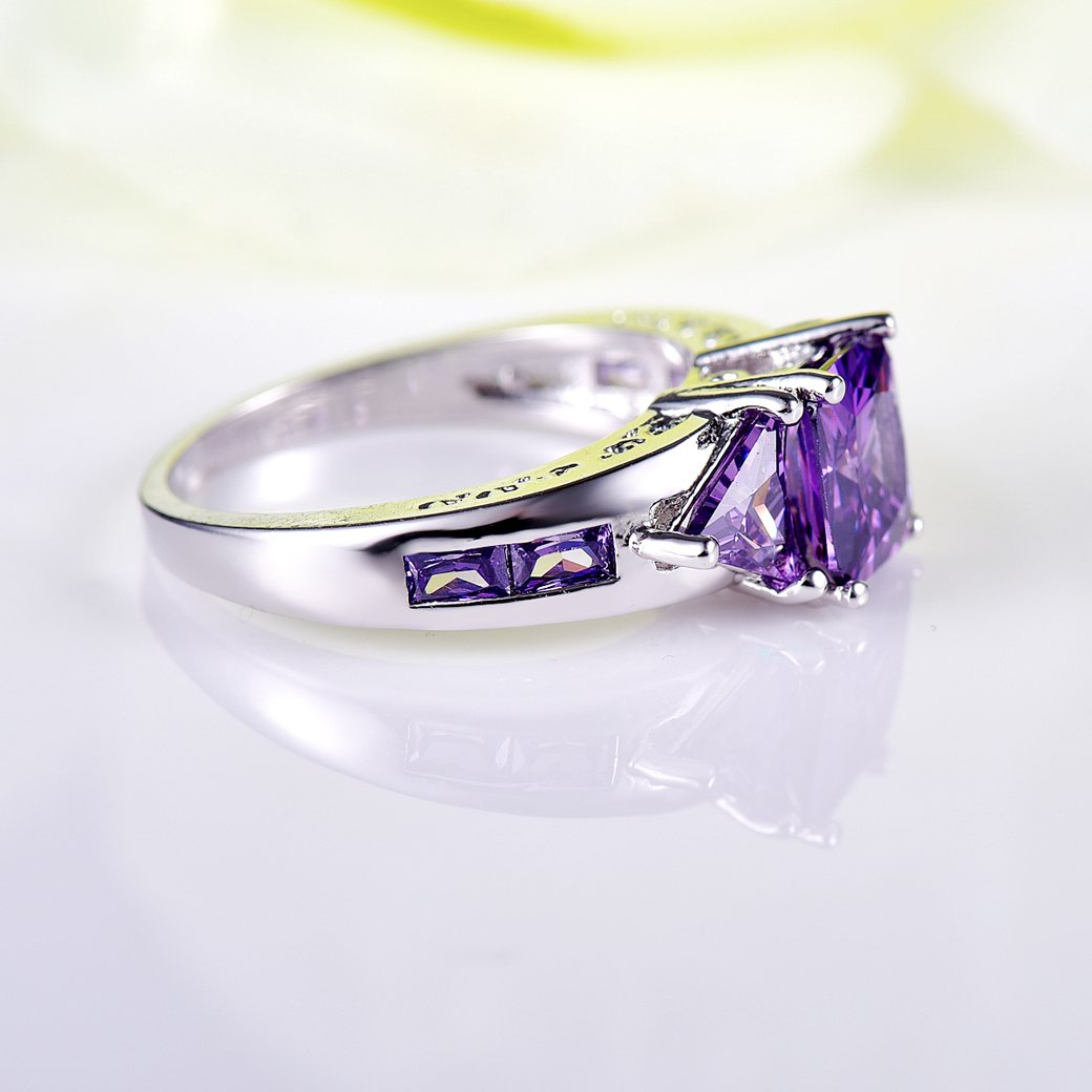 Veunora Silver Plated Princess Cut Created Amethyst Cubic Zirconia Filled Dainty Ring for Women Size 10